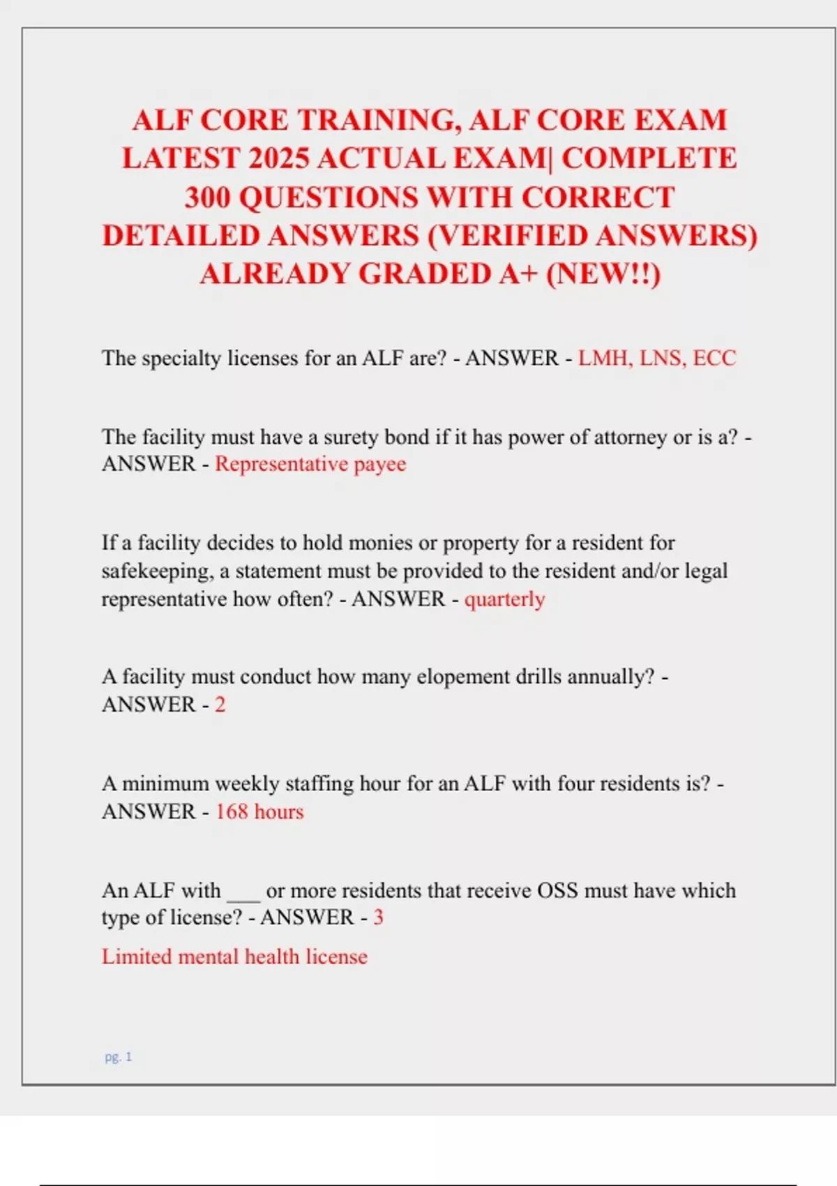 ALF CORE TRAINING, ALF CORE EXAM LATEST 2025 ACTUAL EXAM| COMPLETE 300 ...