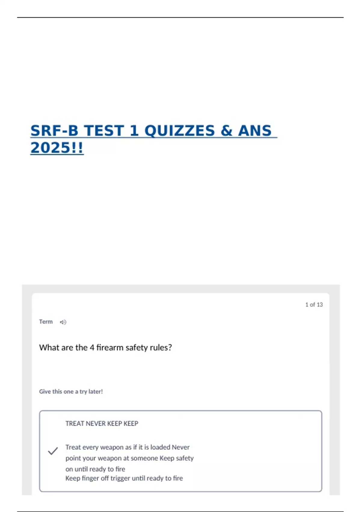 SRF-B TEST 1 QUIZZES & ANS 2025!! - SRF-B - Stuvia US