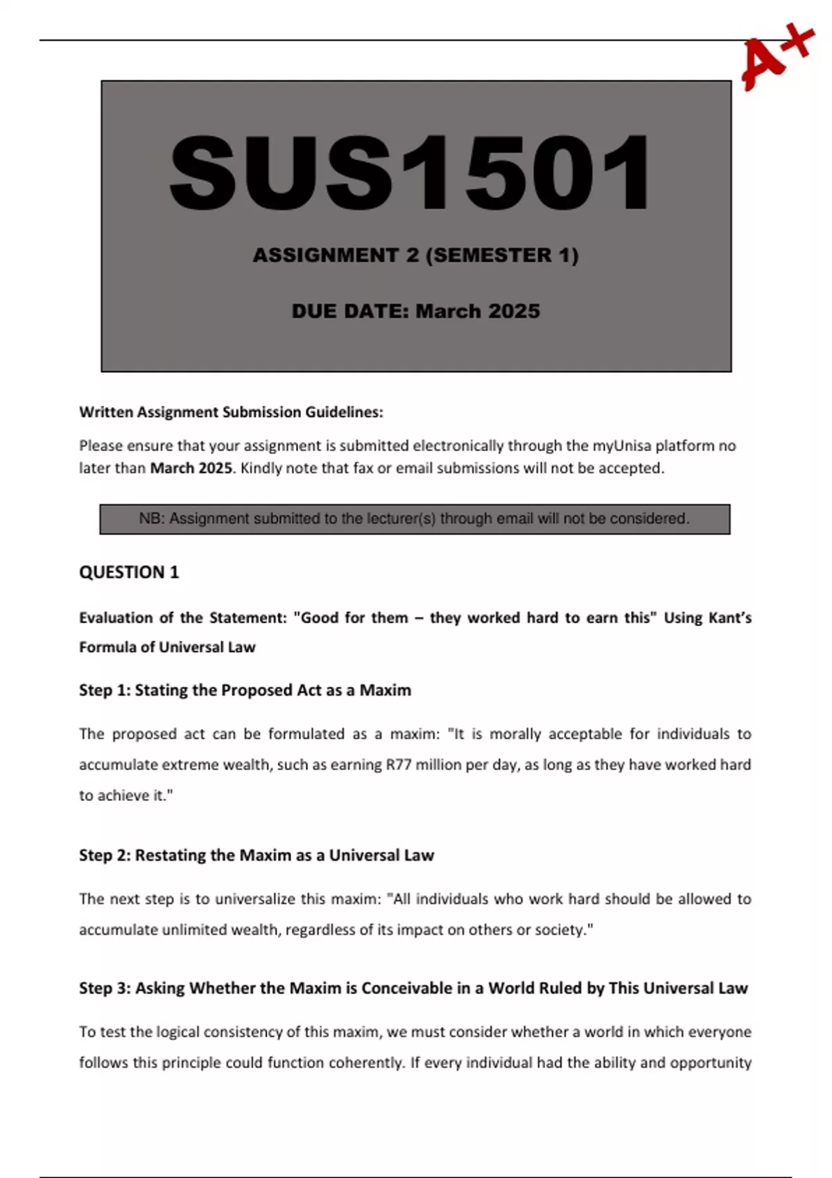 SUS1501 Assignment 2 (COMPLETE ANSWERS) Semester 1 2025 - DUE March ...