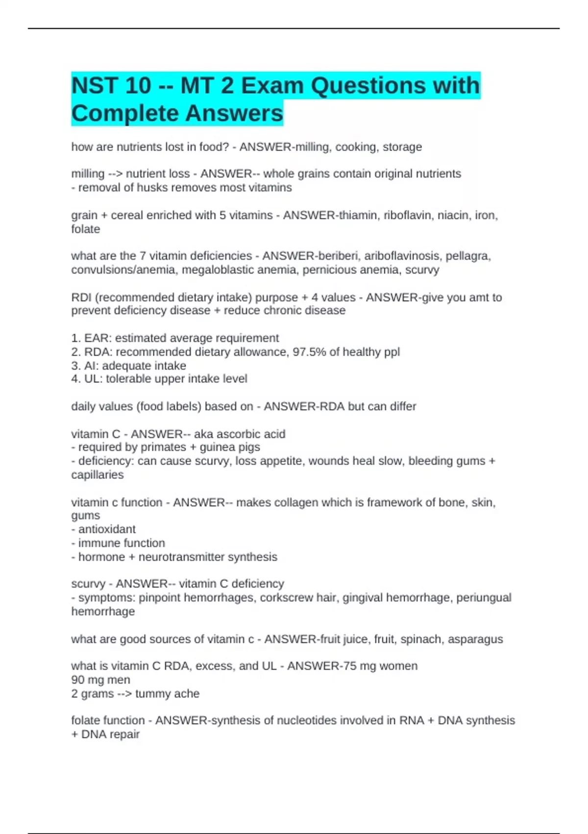 NST 10 -- MT 2 Exam Questions with Complete Answers - NUSCTX - Stuvia US