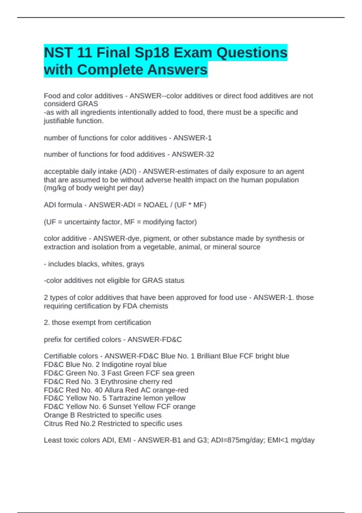 NST 11 Final Sp18 Exam Questions with Complete Answers - NUSCTX - Stuvia US