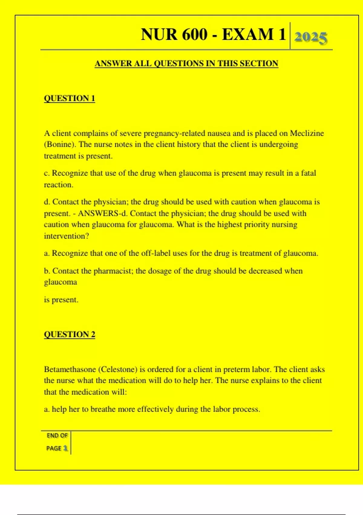 NUR 600 - EXAM 1 QUESTIONS AND ANSWERS 2025 - NUR 600 - Stuvia US