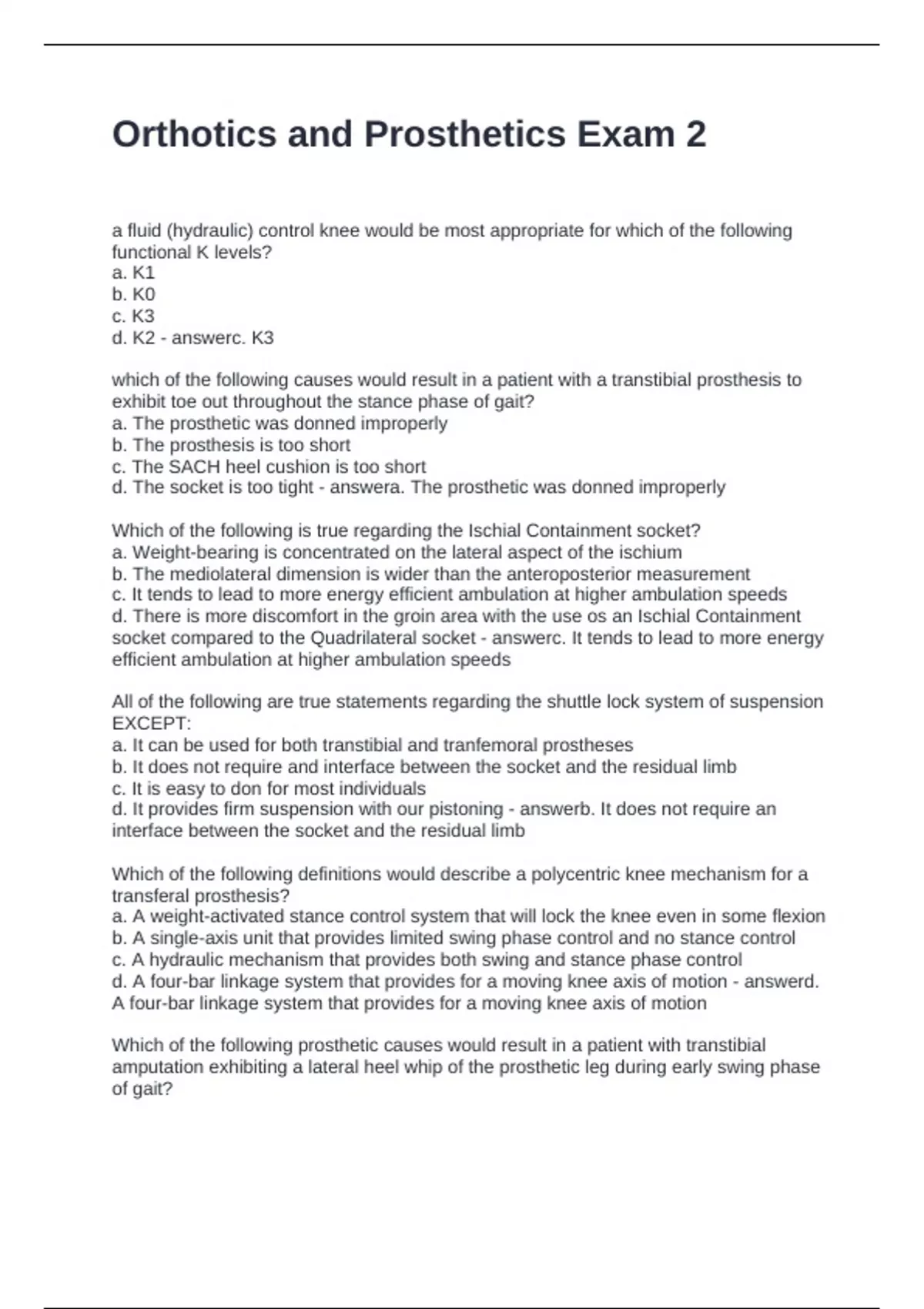 Orthotics and Prosthetics Exam 2 Questions and Answers 100% Correct ...