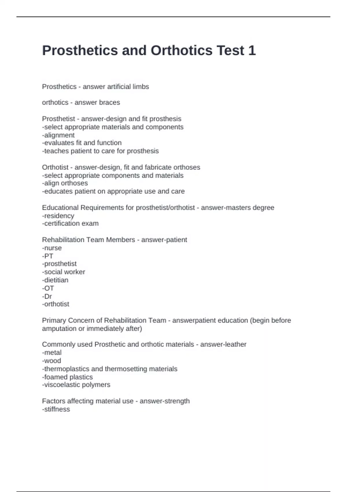 Prosthetics and Orthotics Test 1 Questions and Answers Latest Updated ...