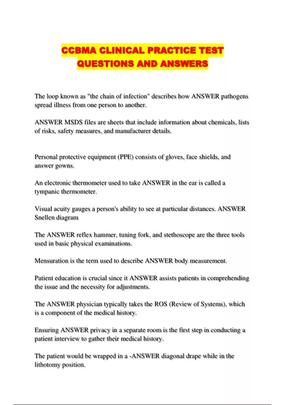 CCBMA CLINICAL PRACTICE TEST QUESTIONS AND ANSWERS - CCBMA CLINICAL ...