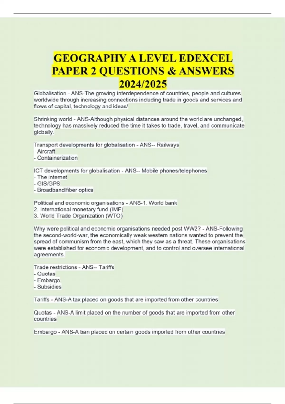 GEOGRAPHY A LEVEL EDEXCEL PAPER 2 QUESTIONS & ANSWERS 2024/2025 ...