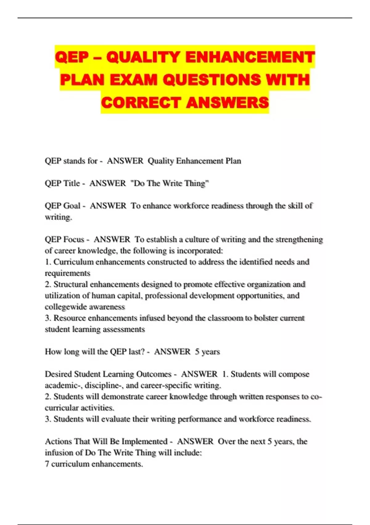 QEP – QUALITY ENHANCEMENT PLAN EXAM QUESTIONS WITH CORRECT ANSWERS - QEP – QUALITY ENHANCEMENT ...