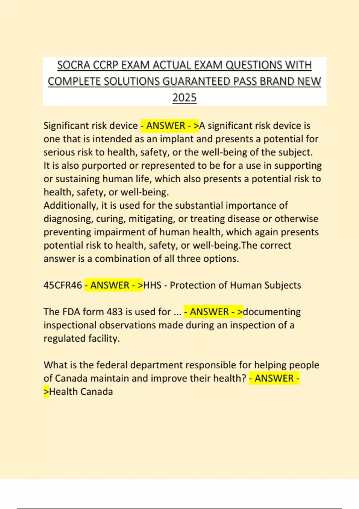 SOCRA CCRP EXAM ACTUAL EXAM QUESTIONS WITH COMPLETE SOLUTIONS ...