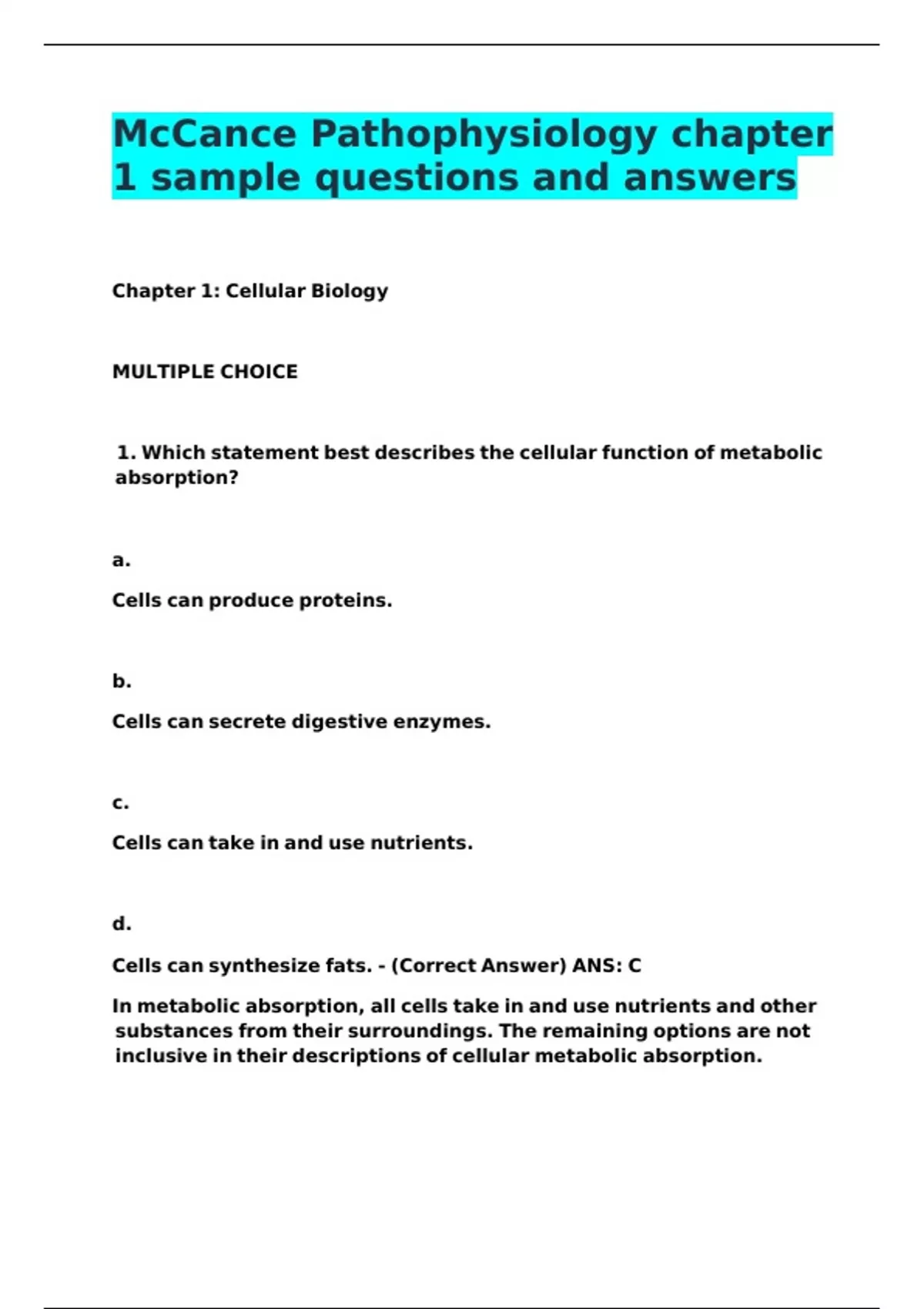 McCance Pathophysiology chapter 1 sample questions and answers - McCance Pathophysiology - Stuvia US