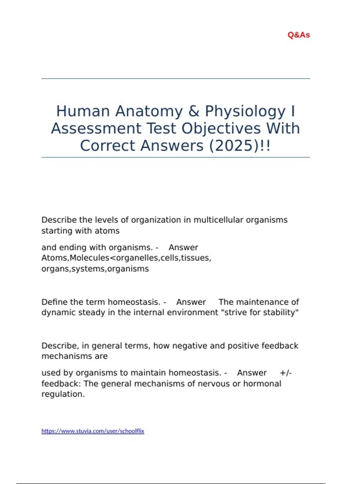Human Anatomy & Physiology I Assessment Test Objectives With Correct ...