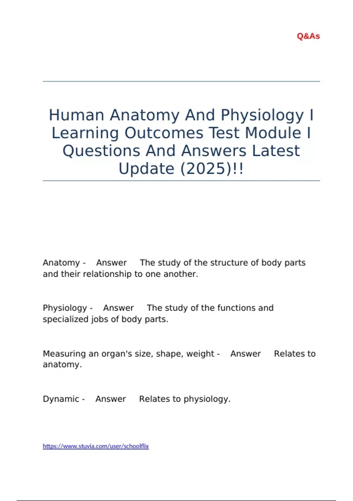 Human Anatomy And Physiology I Learning Outcomes Test Module I ...