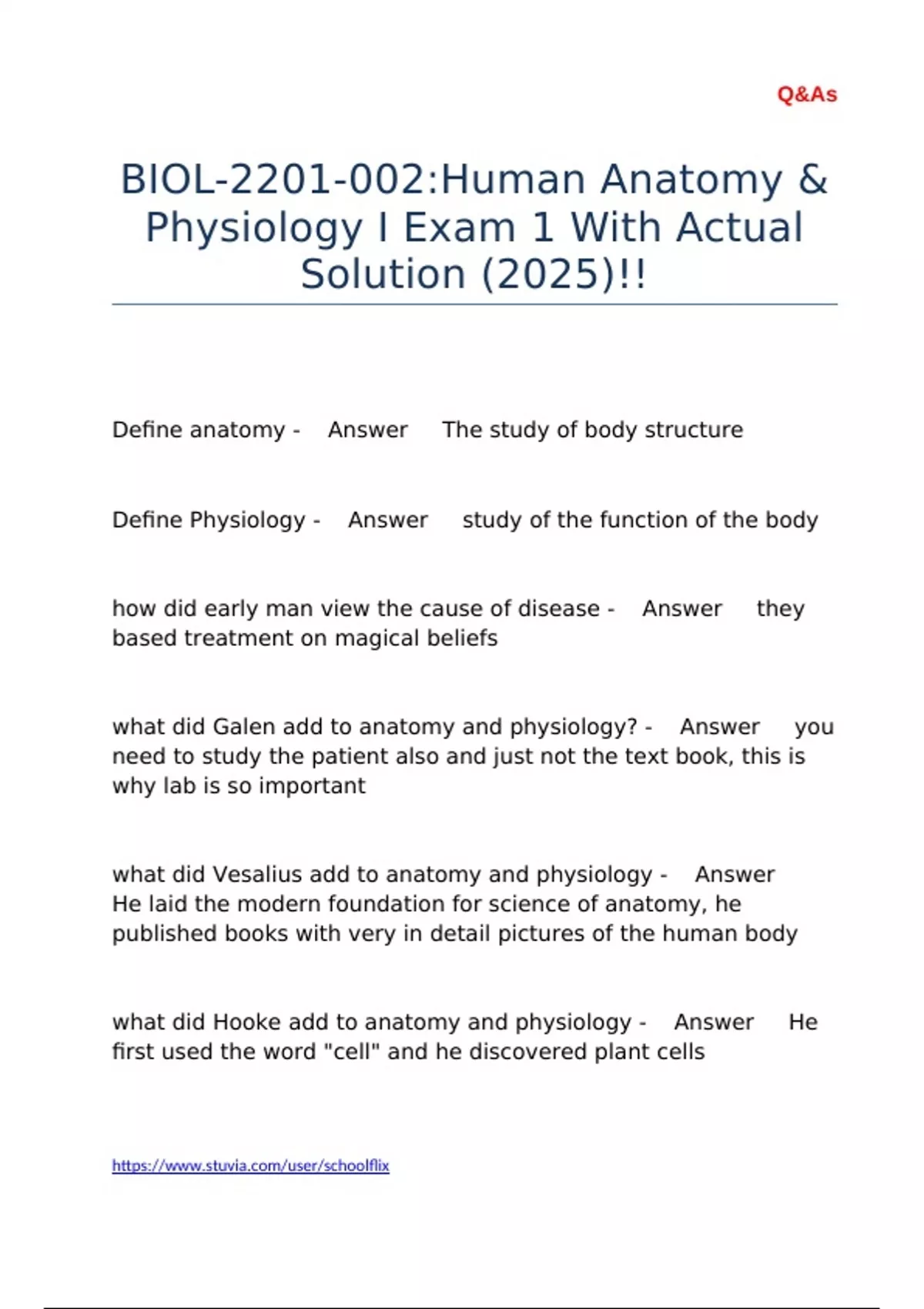 BIOL-2201-00 Human Anatomy & Physiology I Exam 1 With Actual Solution ...