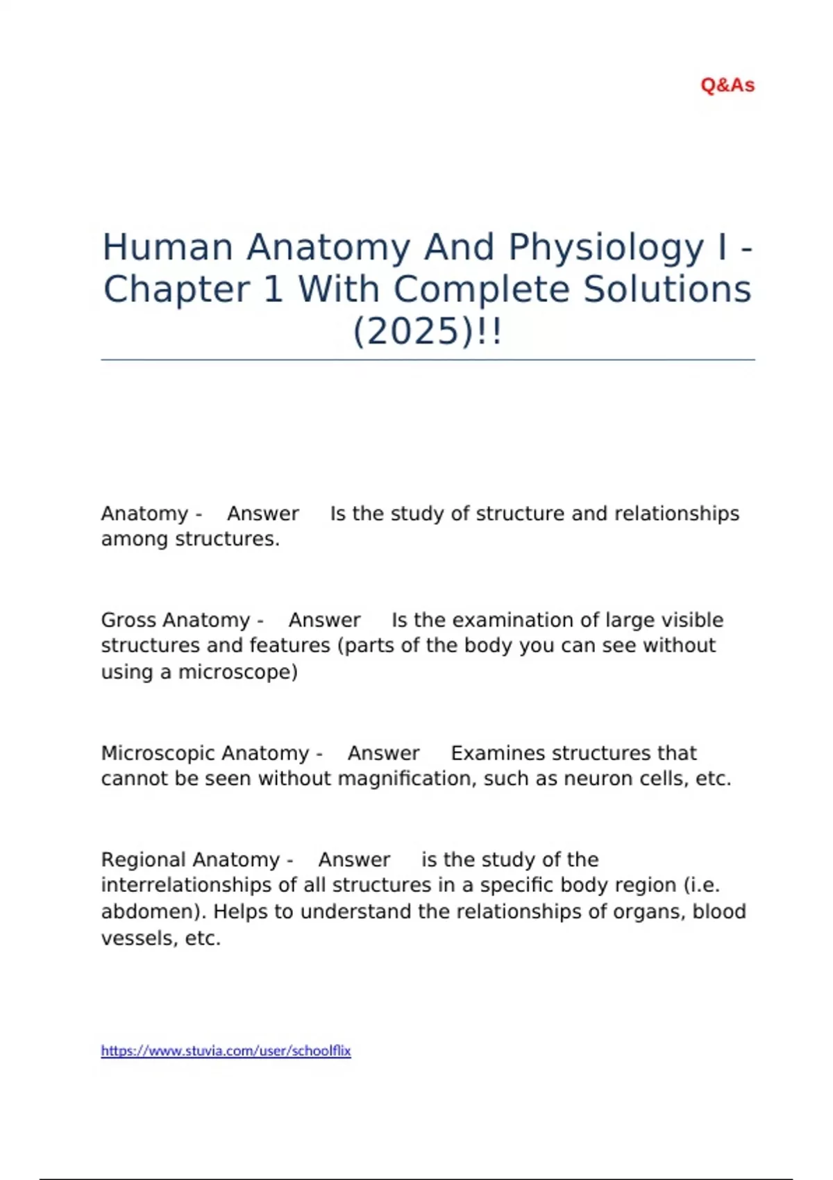 Human Anatomy And Physiology I - Chapter 1 With Complete Solutions ...