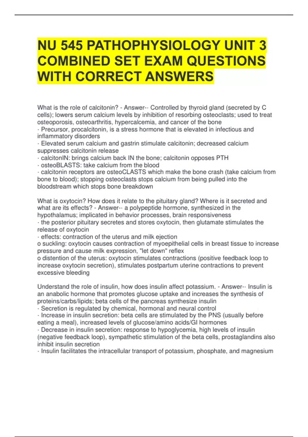 NU 545 PATHOPHYSIOLOGY UNIT 3 COMBINED SET EXAM QUESTIONS WITH CORRECT ANSWERS - NU 545 ...