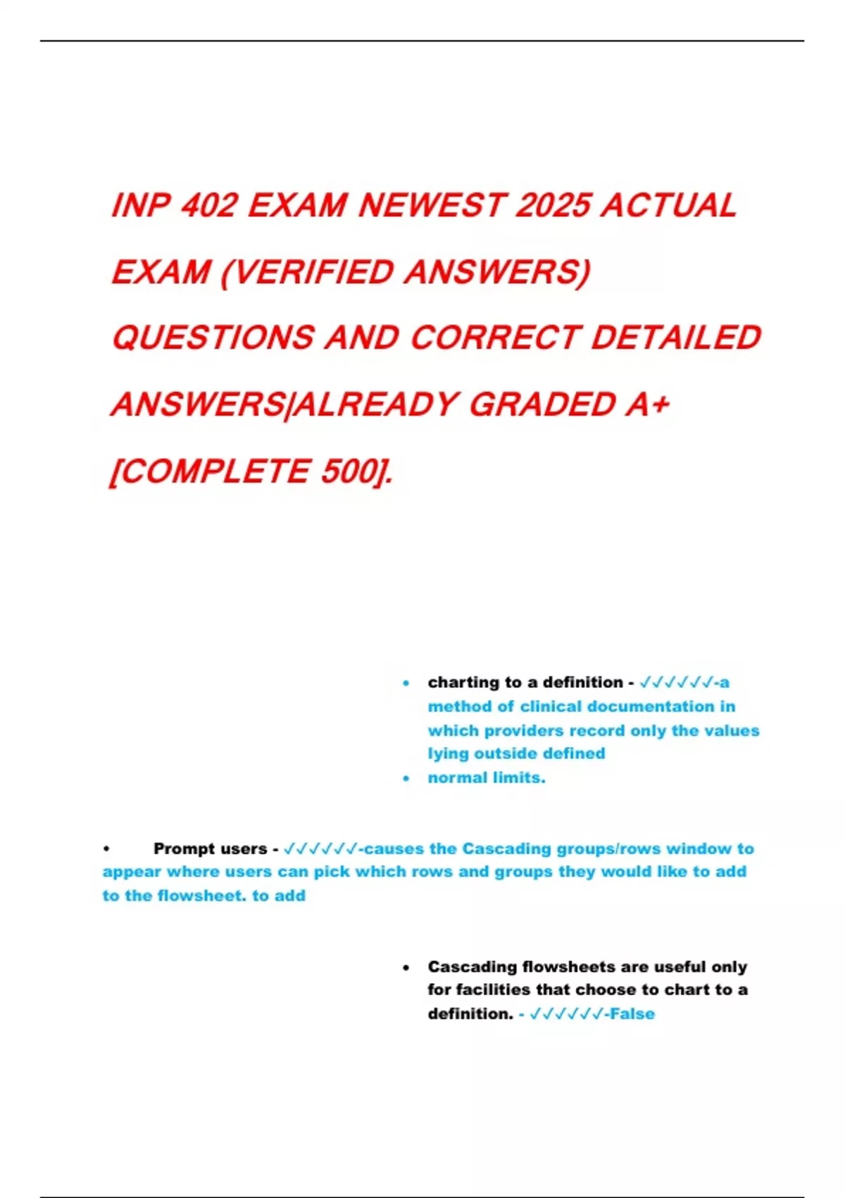 INP 402 EXAM NEWEST 2025 ACTUAL EXAM (VERIFIED ANSWERS) QUESTIONS AND CORRECT DETAILED ANSWERS ...