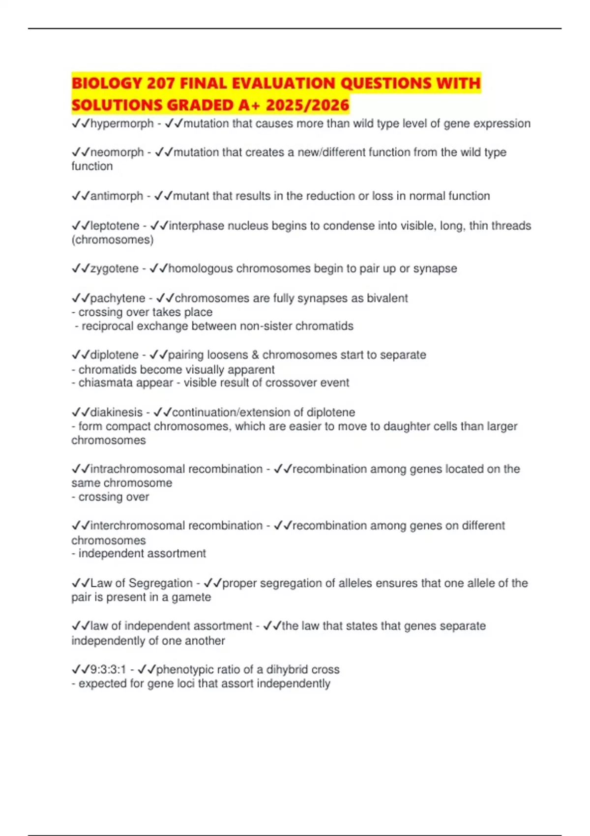 BIOLOGY 207 FINAL EVALUATION QUESTIONS WITH SOLUTIONS GRADED A+ 2025/ ...