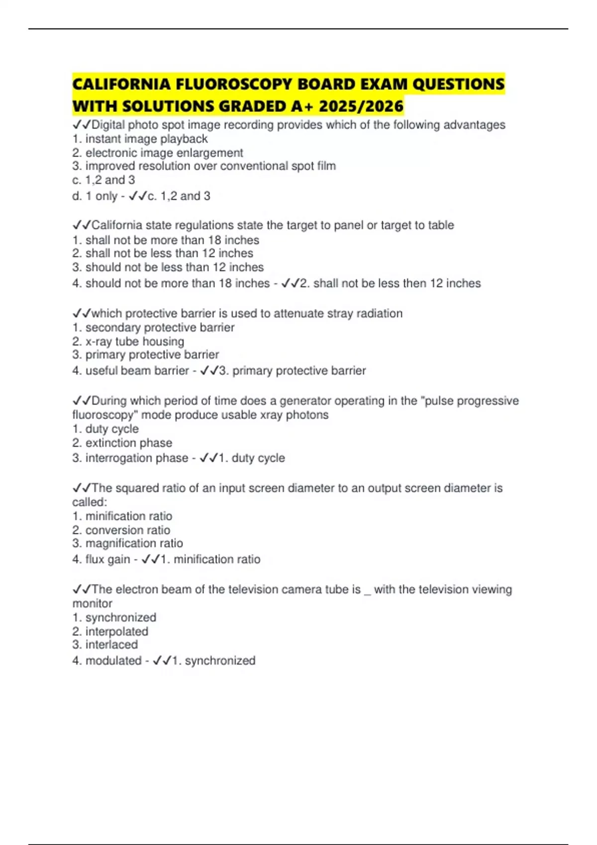 CALIFORNIA FLUOROSCOPY BOARD EXAM QUESTIONS WITH SOLUTIONS GRADED A+ ...