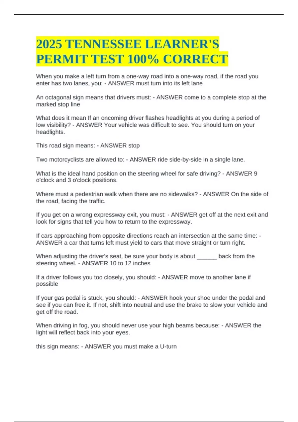 2025 TENNESSEE LEARNER'S PERMIT TEST 100% CORRECT - TN DMV Permit ...
