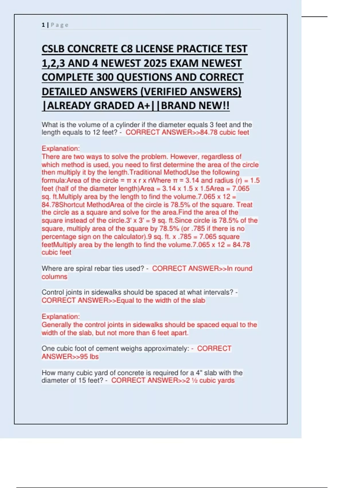 CSLB CONCRETE C8 LICENSE PRACTICE TEST 1,2,3 AND 4 NEWEST 2025 EXAM ...