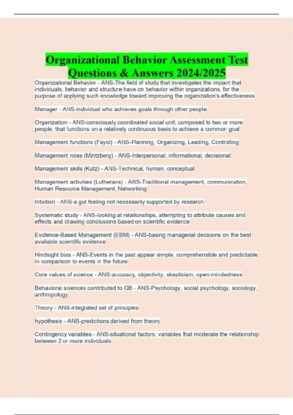 Organizational Behavior Assessment Test Questions & Answers 2024/2025 ...