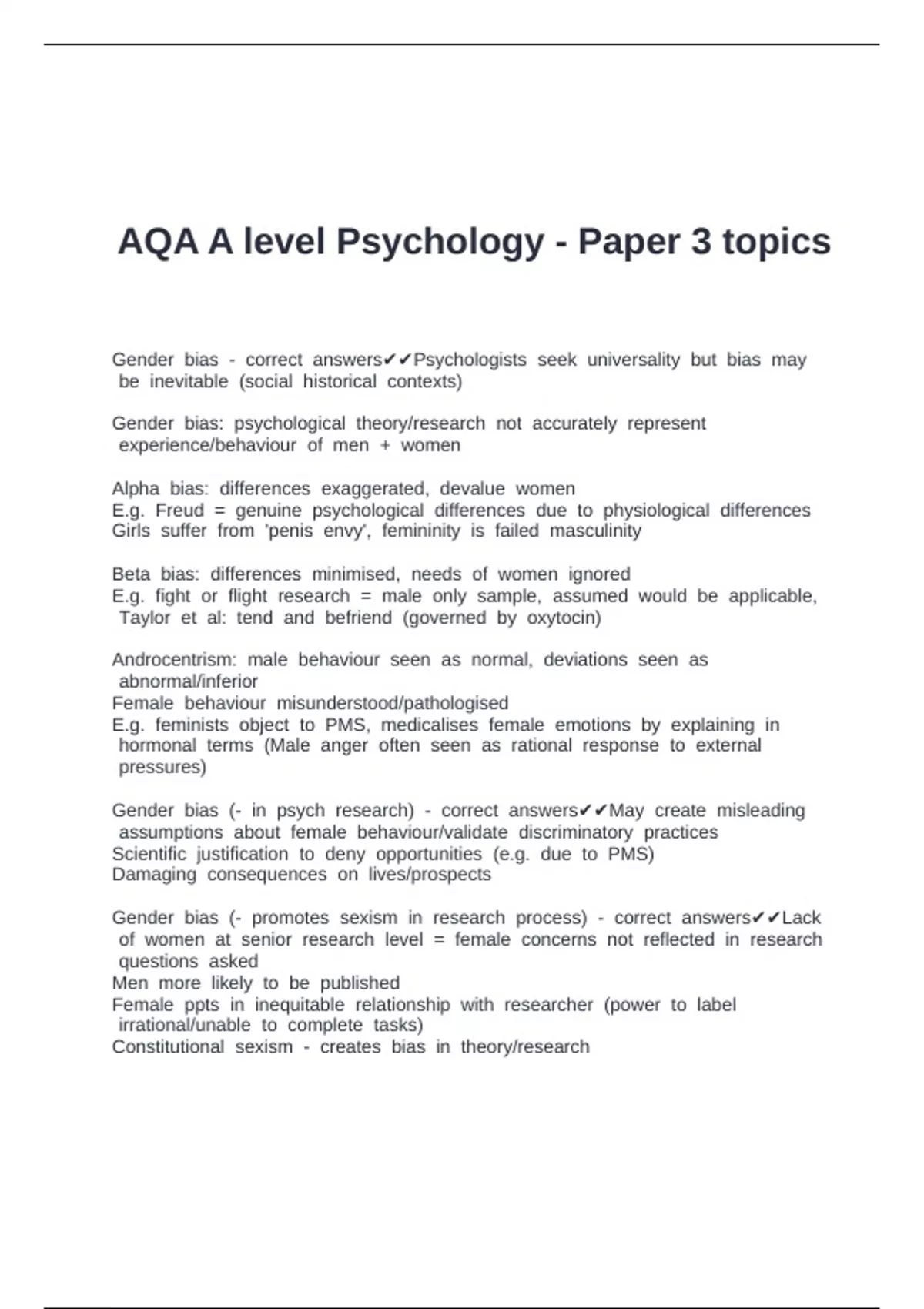AQA A level Psychology - Paper 3 topics - AQA PSYCHOLOGY - Stuvia US
