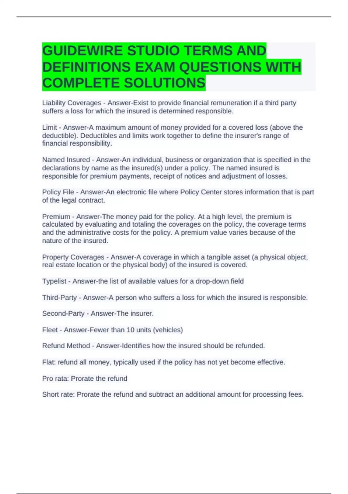 GUIDEWIRE STUDIO TERMS AND DEFINITIONS EXAM QUESTIONS WITH COMPLETE SOLUTIONS - Wire - Stuvia US