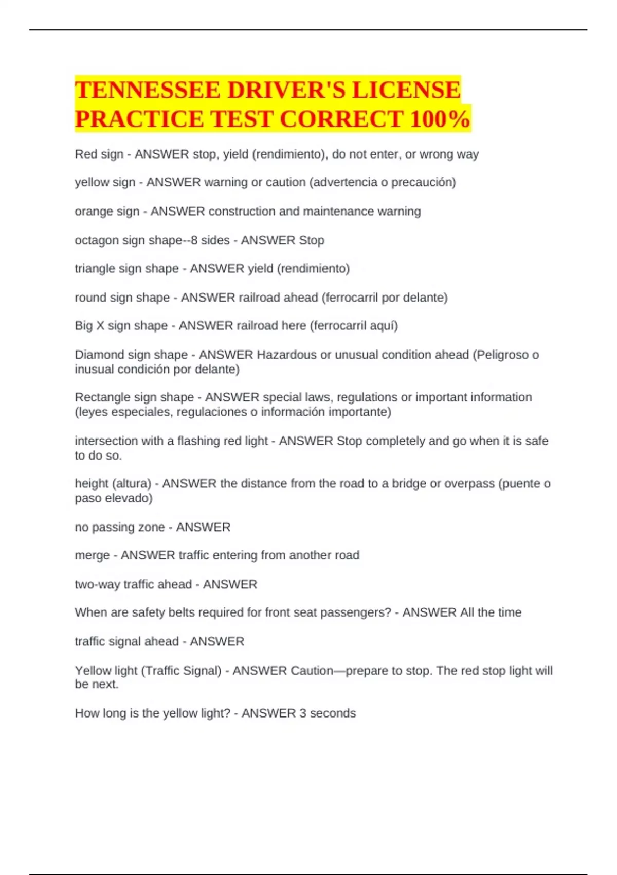 TENNESSEE DRIVER'S LICENSE PRACTICE TEST CORRECT 100% - TENNESSEE ...