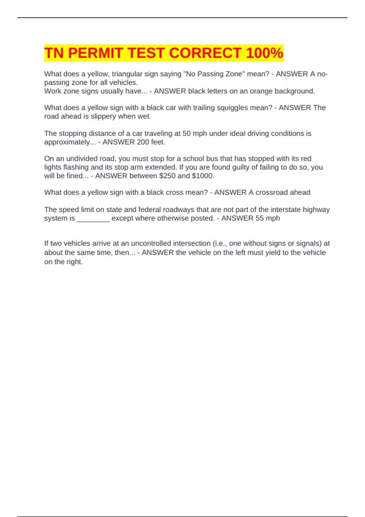 TN PERMIT TEST CORRECT 100% - TN DMV Permit - Stuvia US