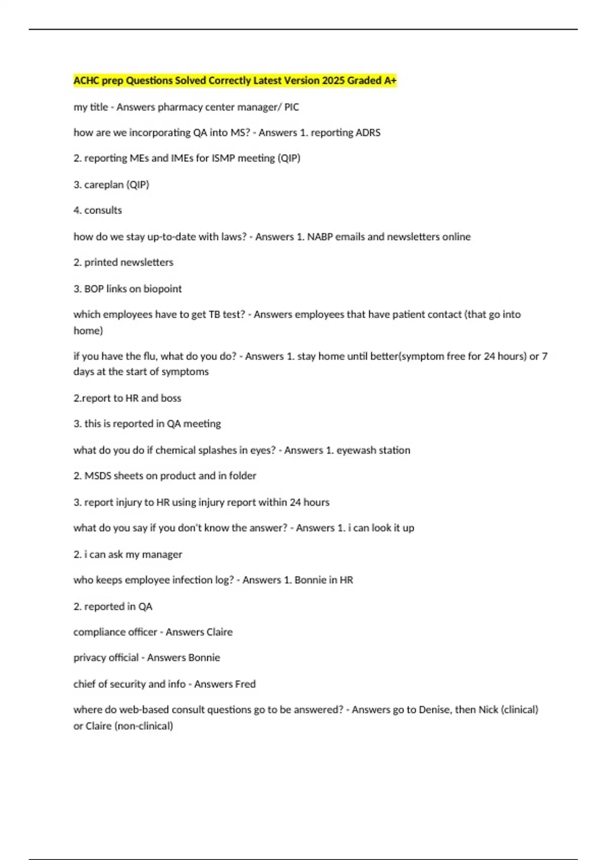 ACHC prep Questions Solved Correctly Latest Version 2025 Graded A+ ...