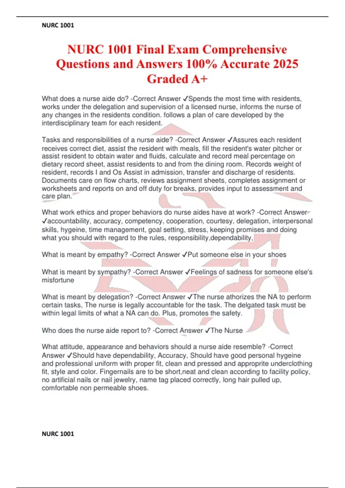 NURC 1001 Final Exam Comprehensive Questions and Answers 100% Accurate ...