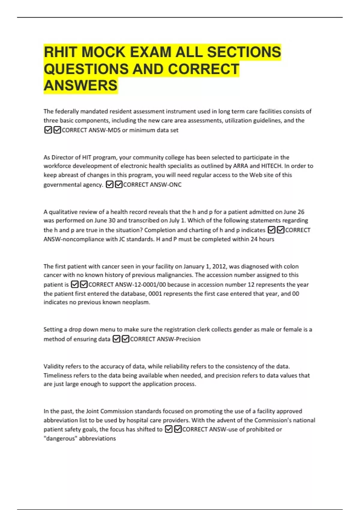 RHIT MOCK EXAM ALL SECTIONS QUESTIONS AND CORRECT ANSWERS - RHIT ...