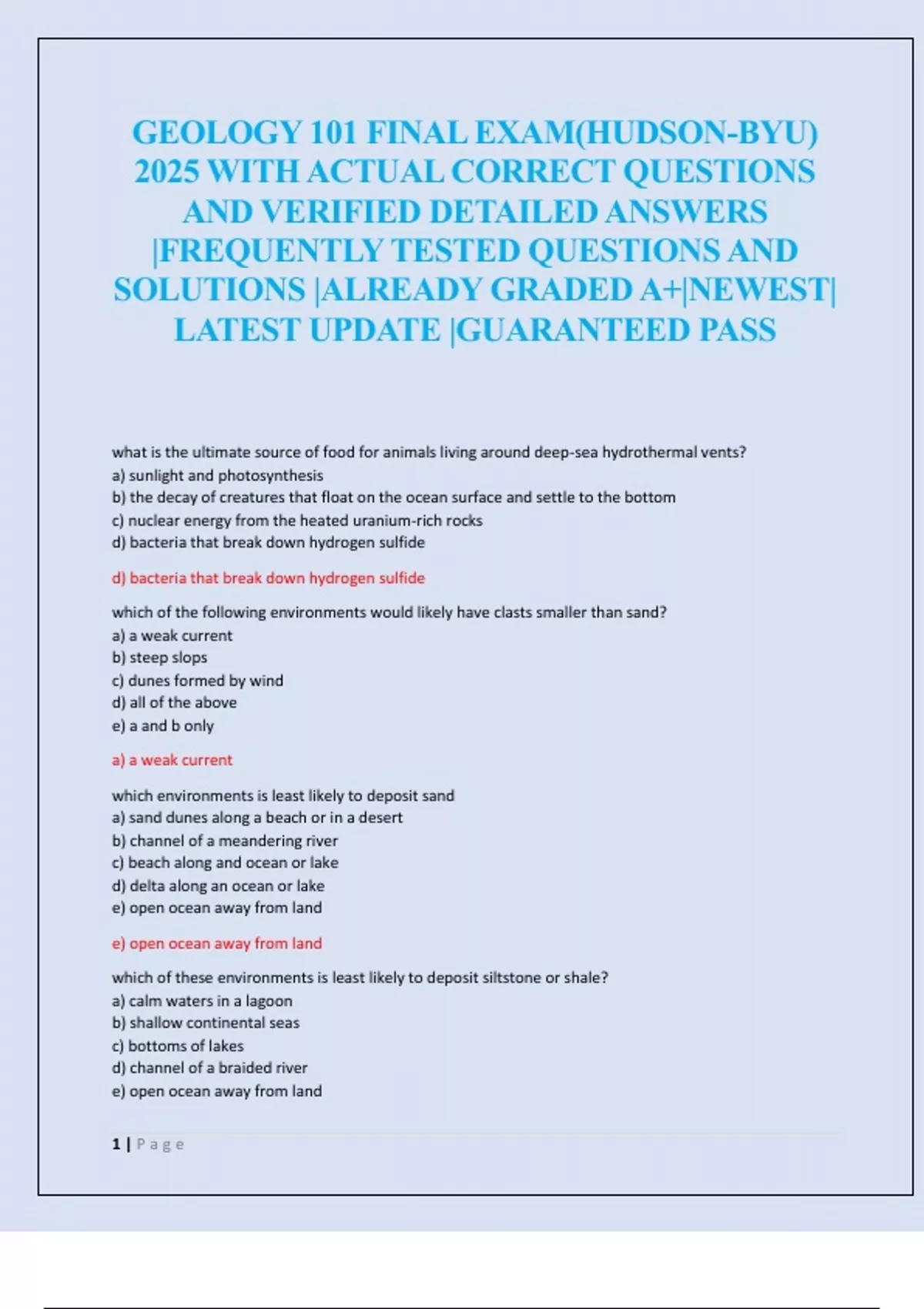 GEOLOGY 101 FINAL EXAM(HUDSON-BYU) 2025 WITH ACTUAL CORRECT QUESTIONS AND VERIFIED DETAILED ...