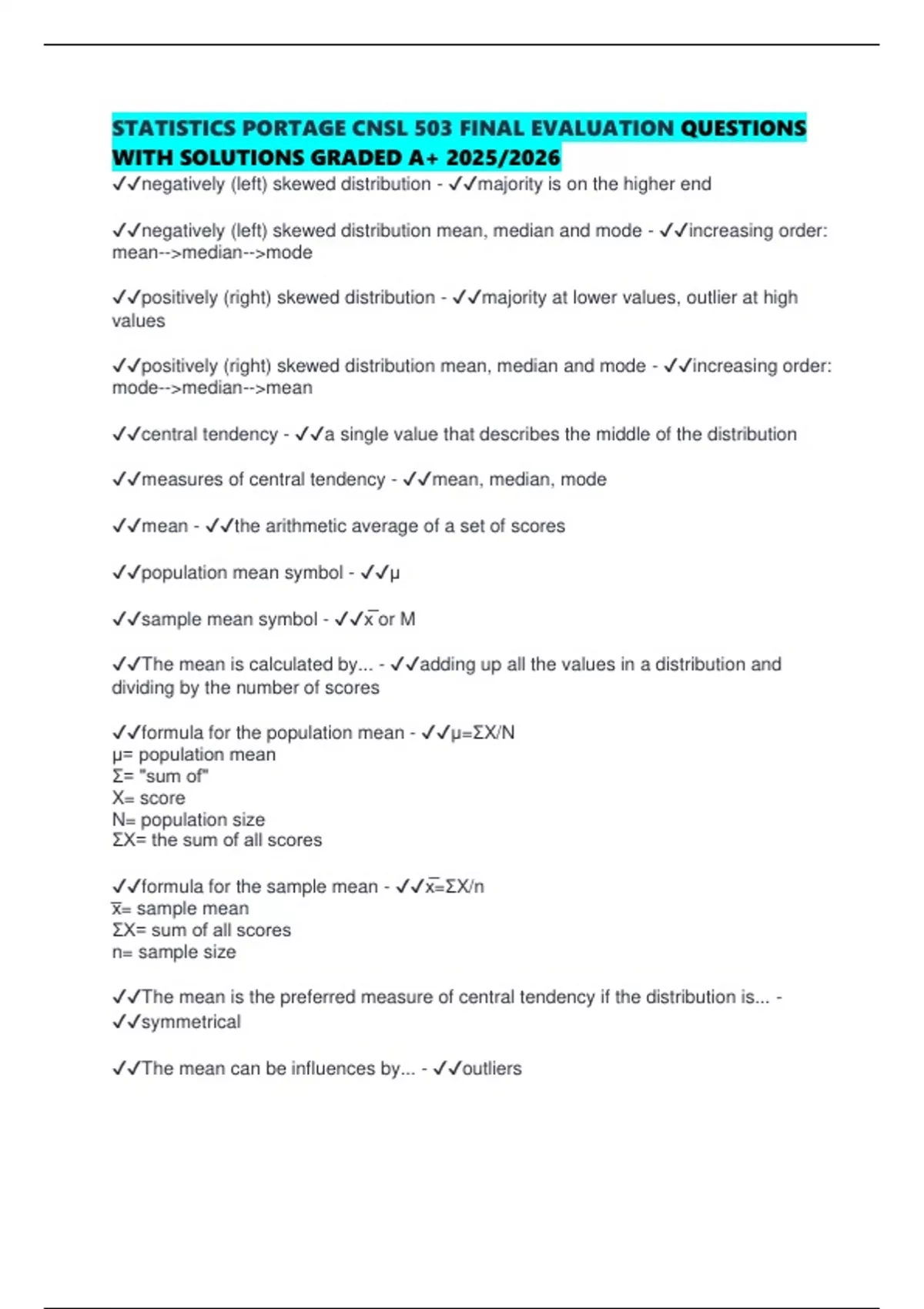 STATISTICS PORTAGE CNSL 503 FINAL EVALUATION QUESTIONS WITH SOLUTIONS ...