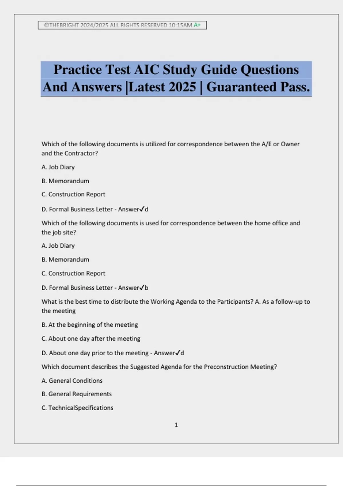 Practice Test AIC Study Guide Questions And Answers |Latest 2025 ...