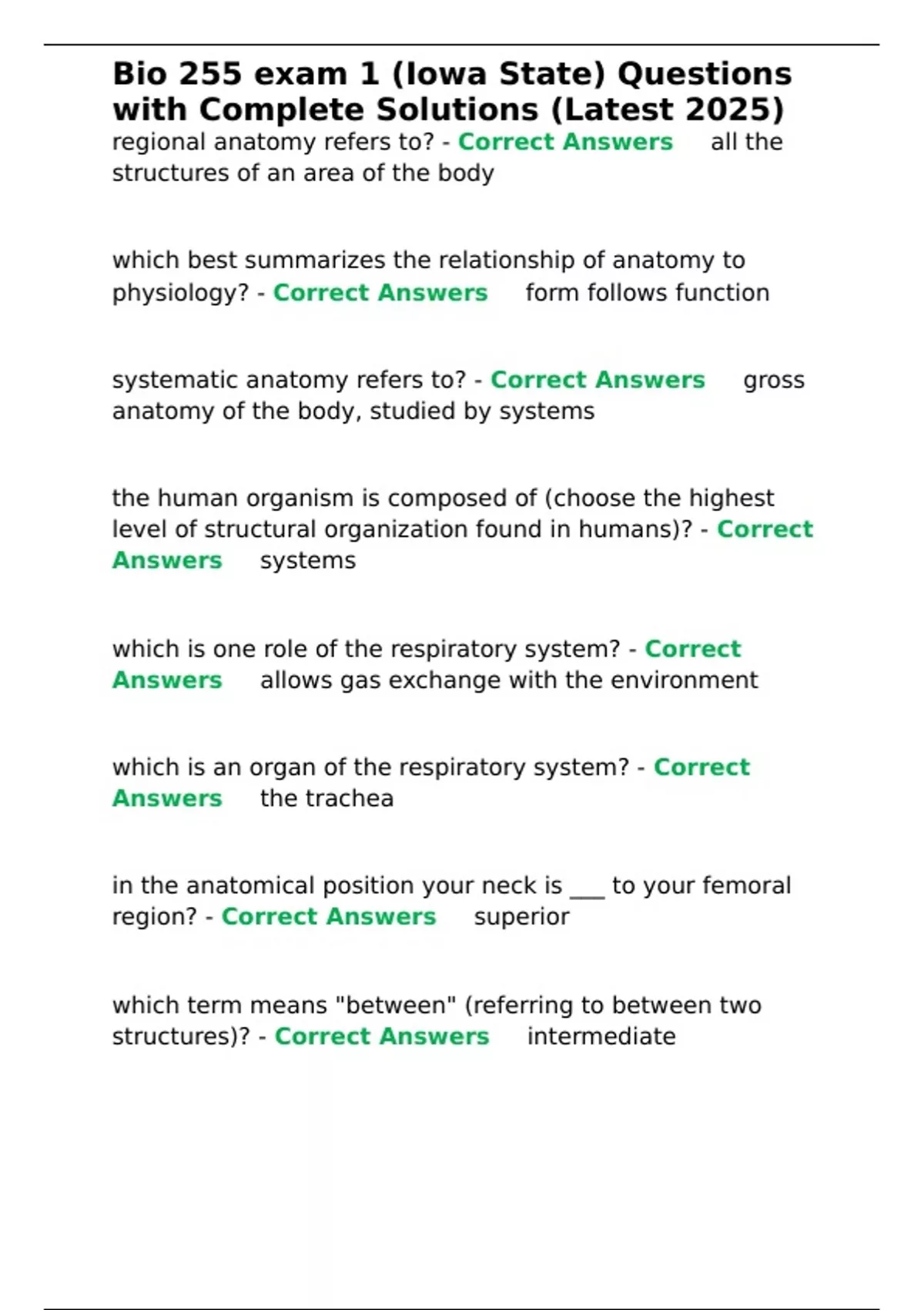 Bio 255 exam 1 (Iowa State) Questions with Complete Solutions (Latest ...