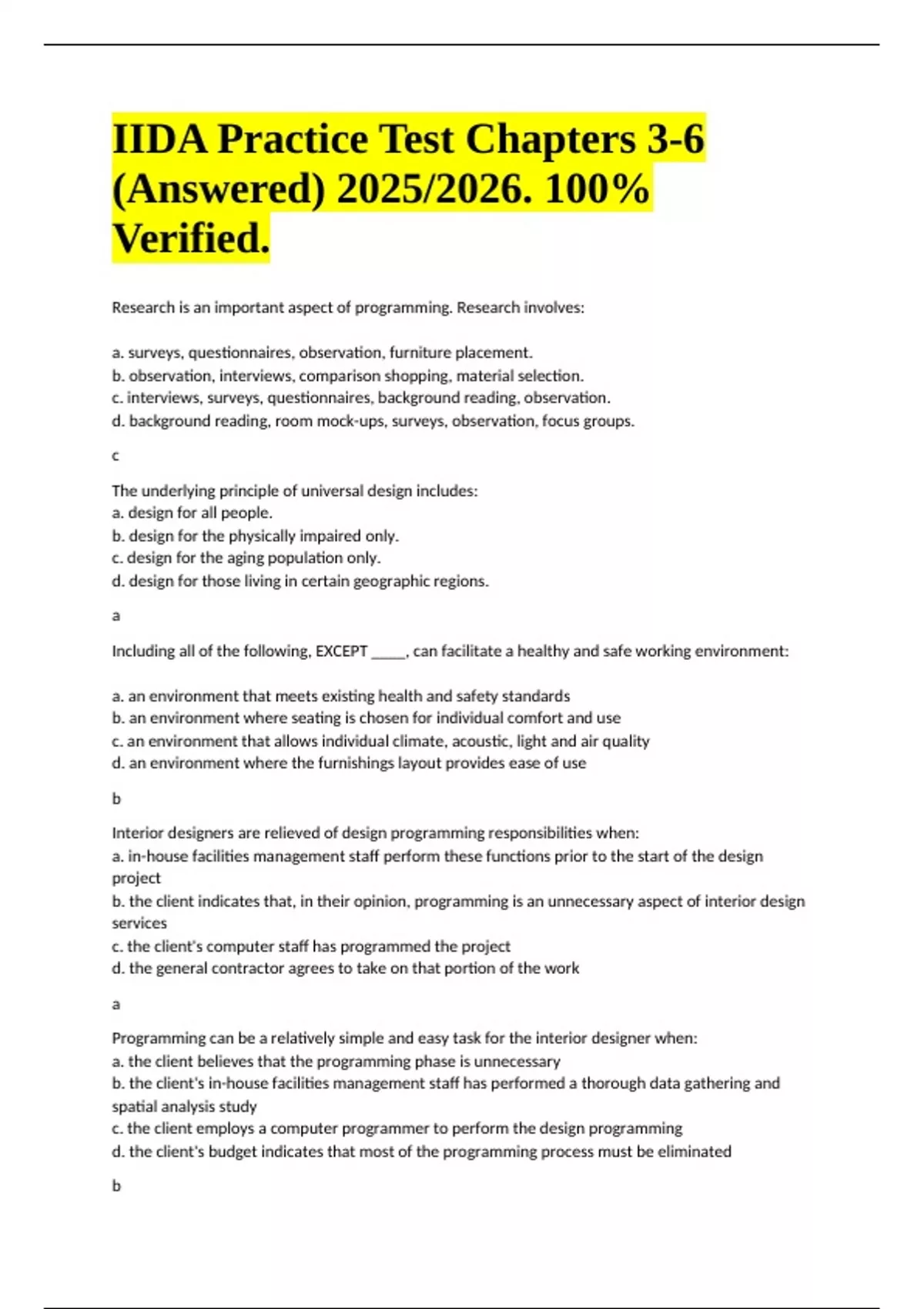 IIDA Practice Test Chapters 3-6 (Answered) 2025/2026. 100% Verified ...