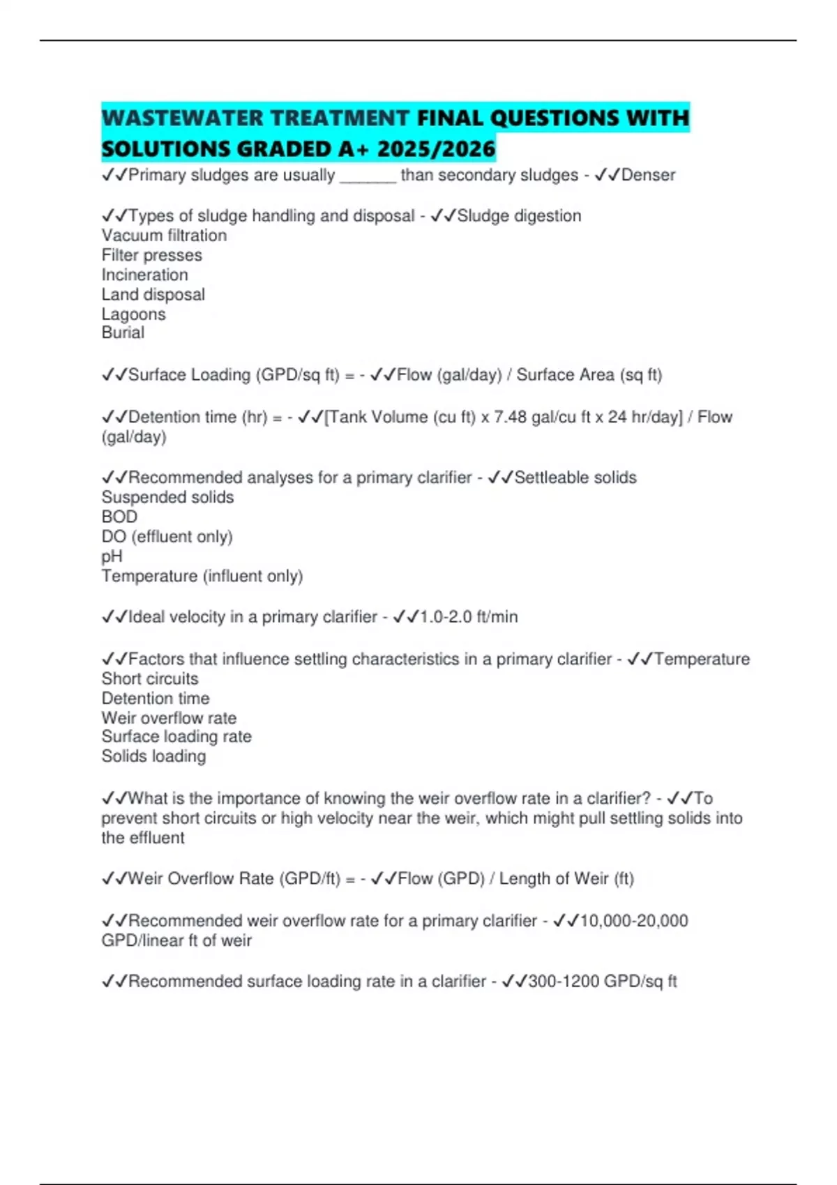WASTEWATER TREATMENT FINAL QUESTIONS WITH SOLUTIONS GRADED A+ 2025/2026 ...