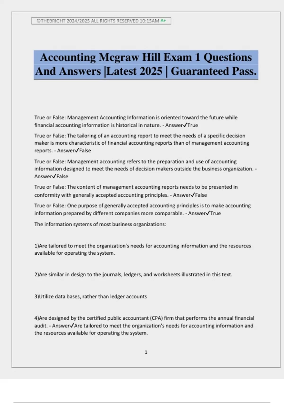Accounting Mcgraw Hill Exam 1 Questions And Answers |Latest 2025 ...