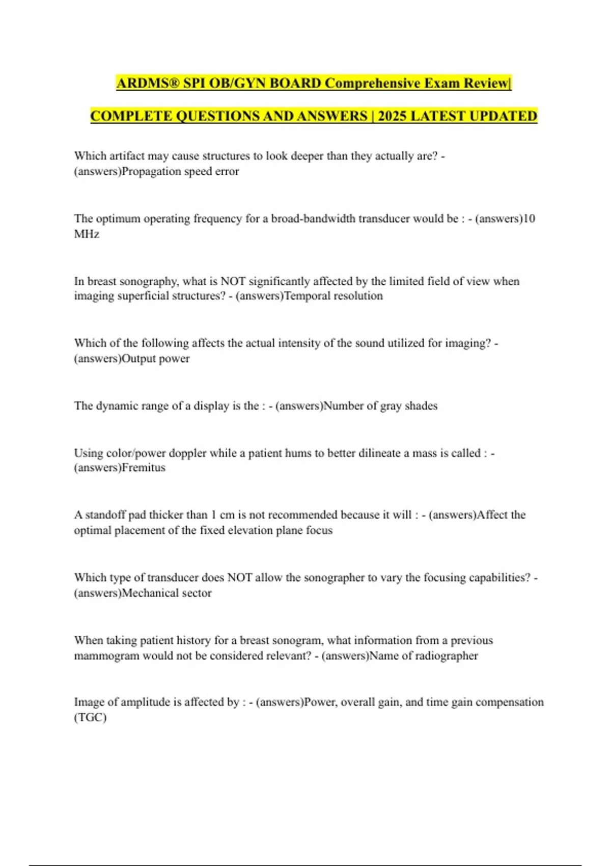 ARDMS® SPI OB/GYN BOARD Comprehensive Exam Review| COMPLETE QUESTIONS ...