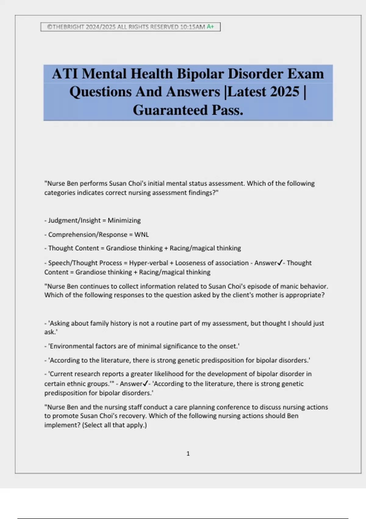 ATI Mental Health Bipolar Disorder Exam Questions And Answers |Latest ...