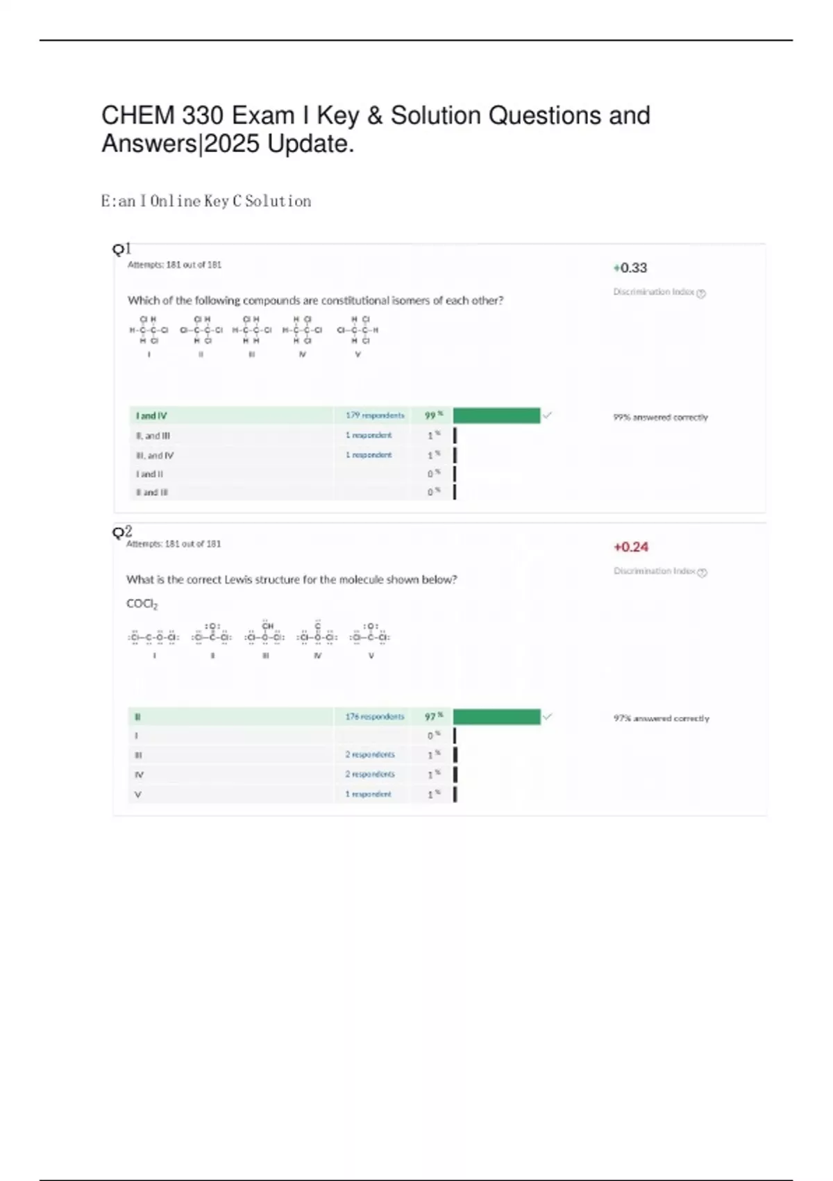 CHEM 330 Exam I Key & Solution Questions and Answers|2025 Update. - CHEM 330 - Stuvia US