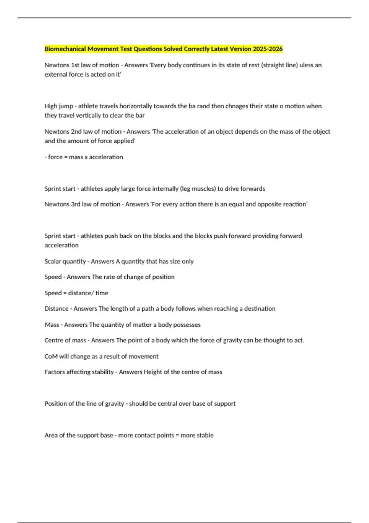 Biomechanical Movement Test Questions Solved Correctly Latest Version ...
