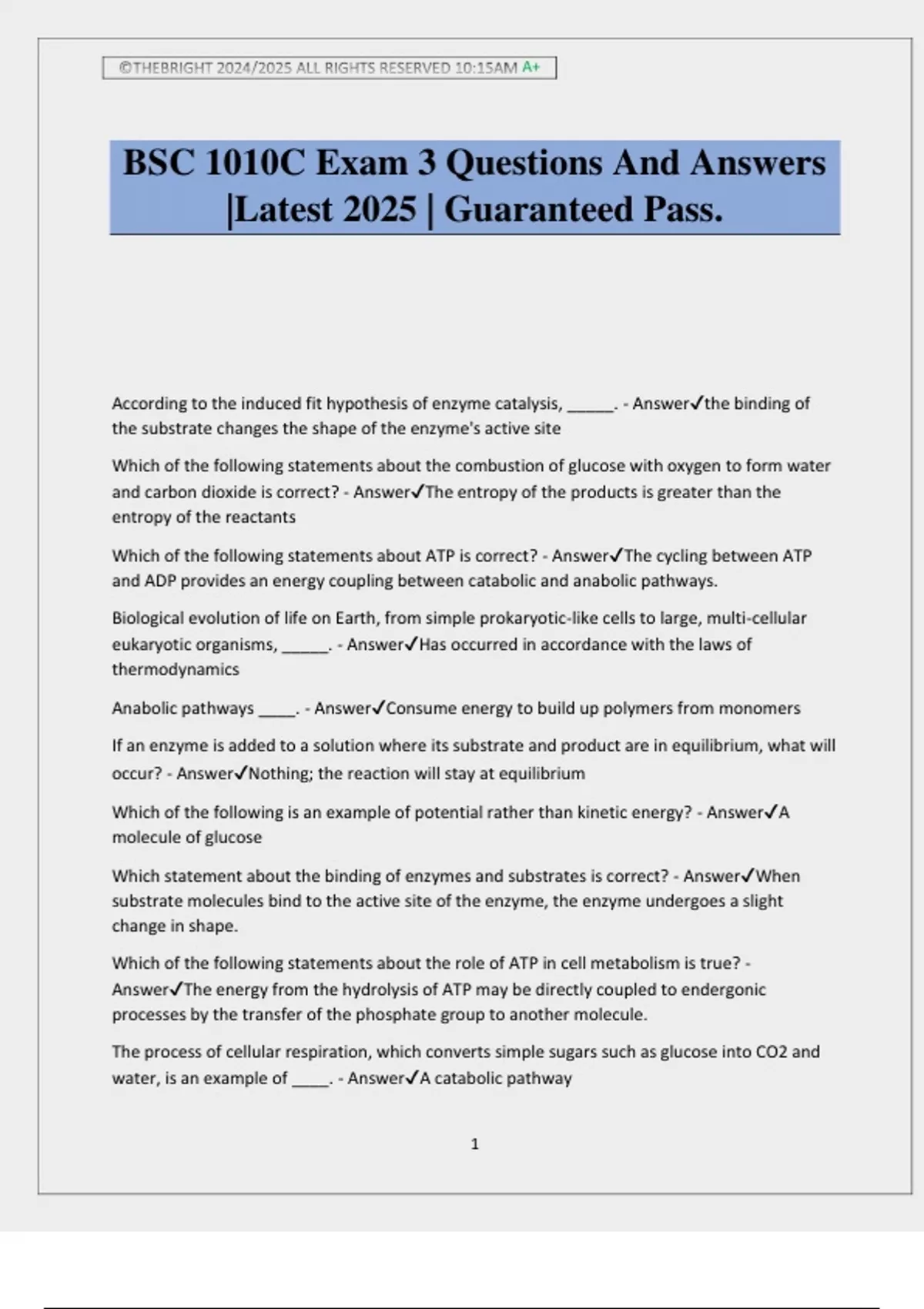 BSC 1010C Exam 3 Questions And Answers |Latest 2025 | Guaranteed Pass ...