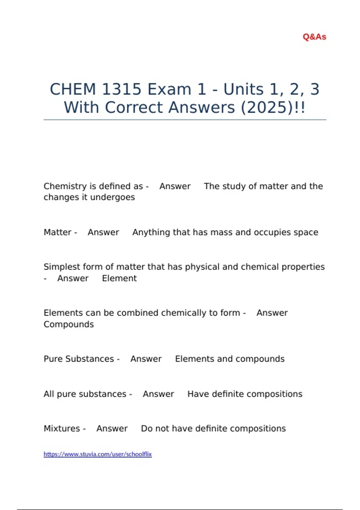 CHEM 1315 Exam 1 - Units 1, 2, 3 With Correct Answers (2025)!! - CHEM 1315 - Stuvia UK
