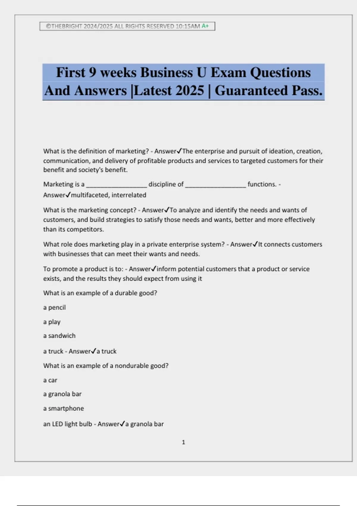 First 9 weeks Business U Exam Questions And Answers |Latest 2025 ...