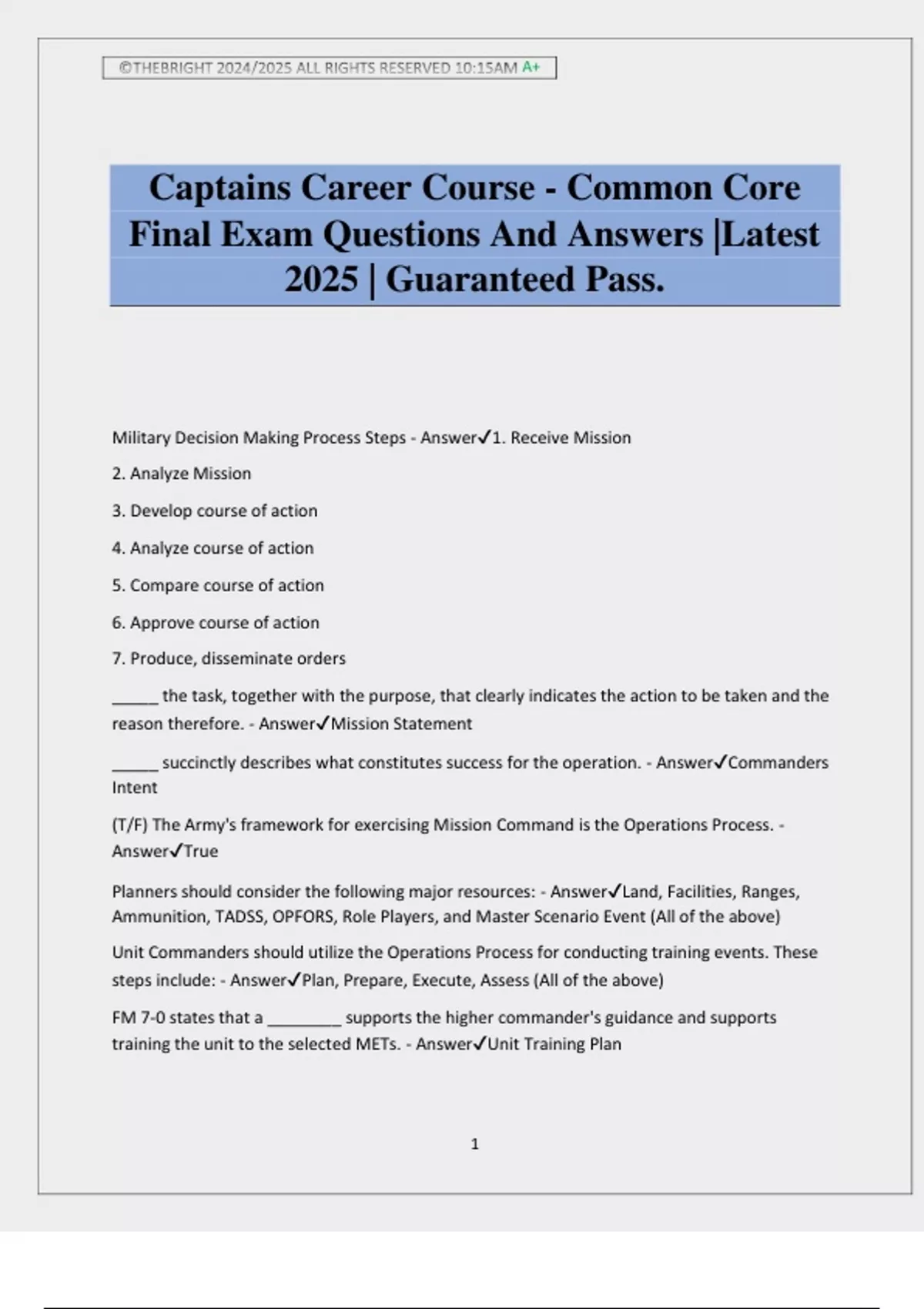 Captains Career Course Common Core Final Exam Questions And Answers Latest 2025 Guaranteed