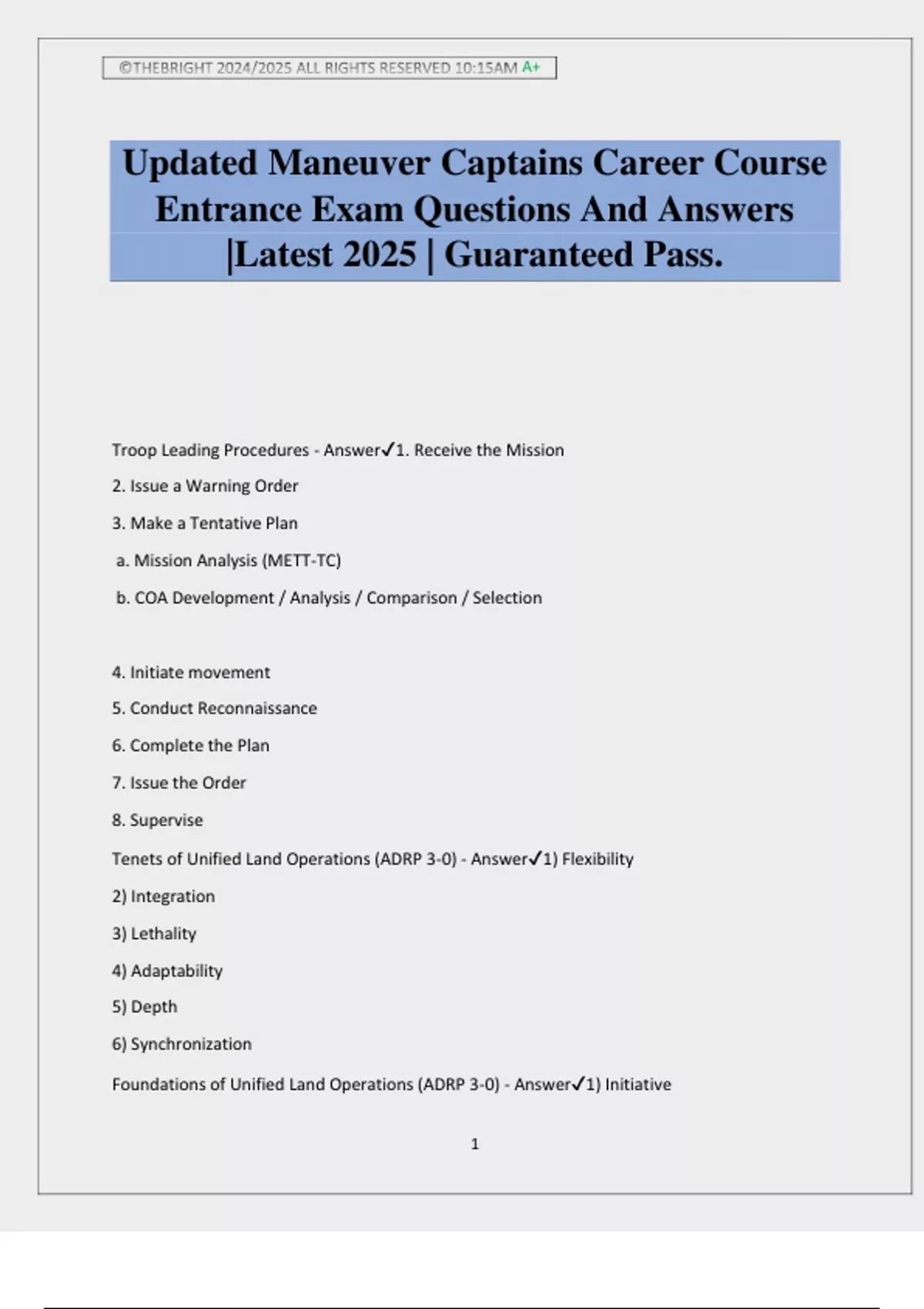 Updated Maneuver Captains Career Course Entrance Exam Questions And ...