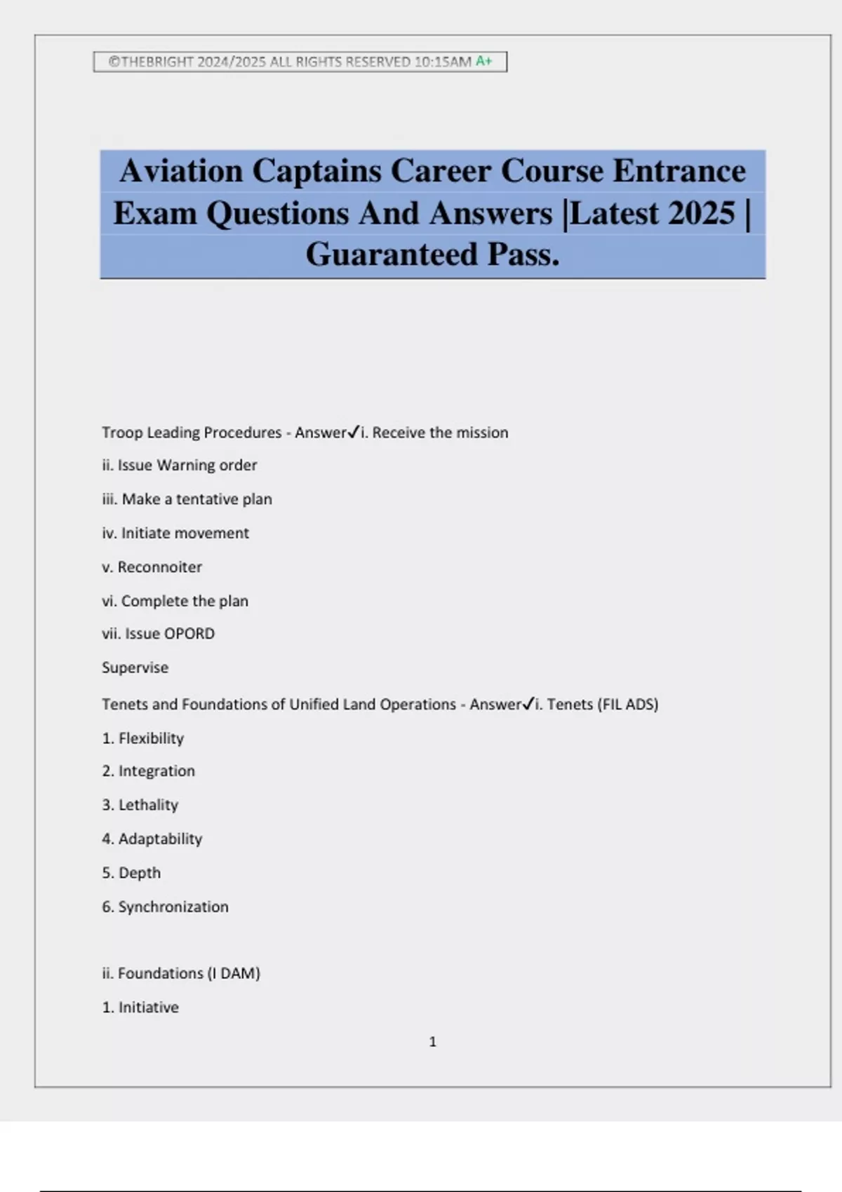 Aviation Captains Career Course Entrance Exam Questions And Answers ...