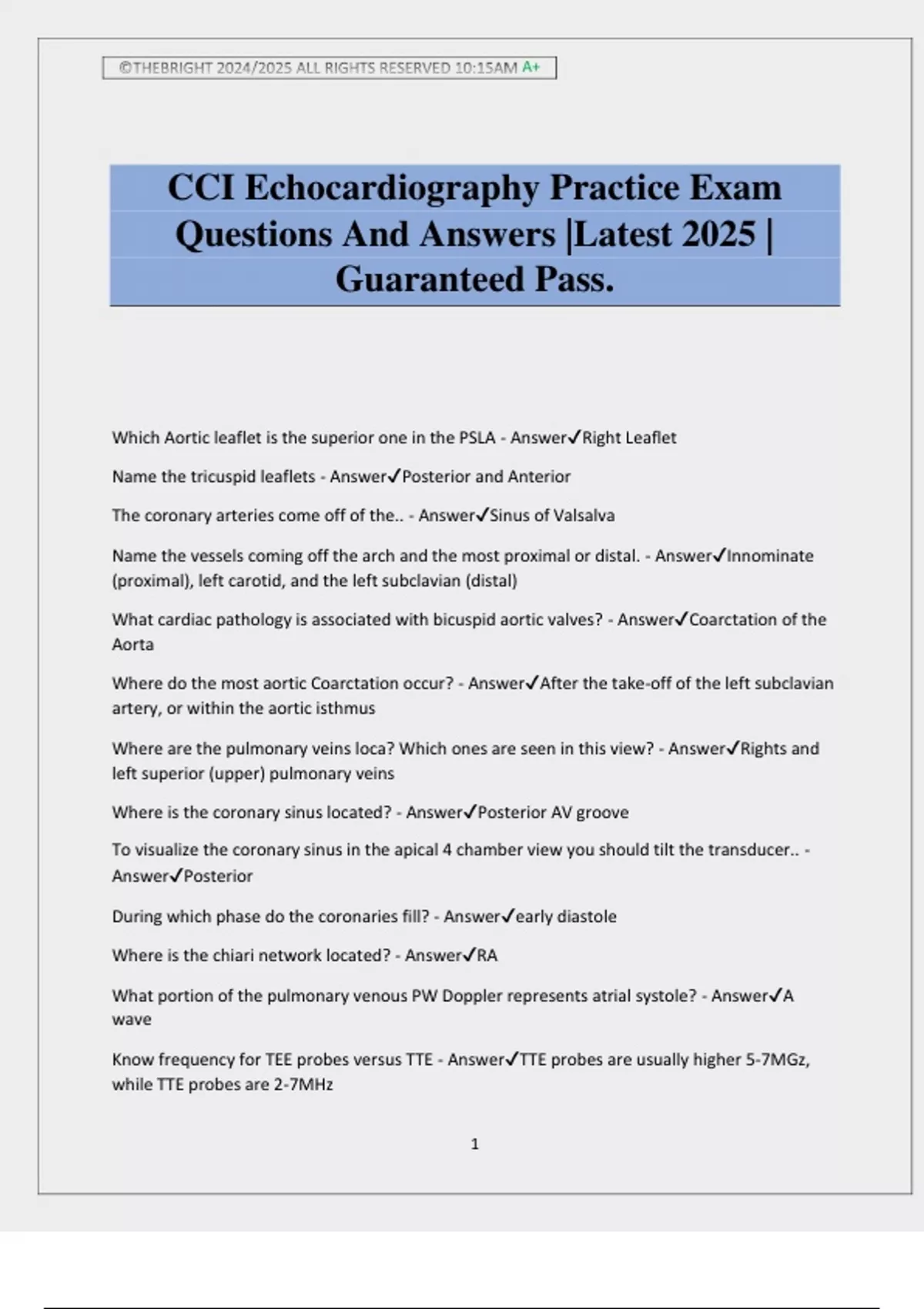 CCI Echocardiography Practice Exam Questions And Answers |Latest 2025 ...