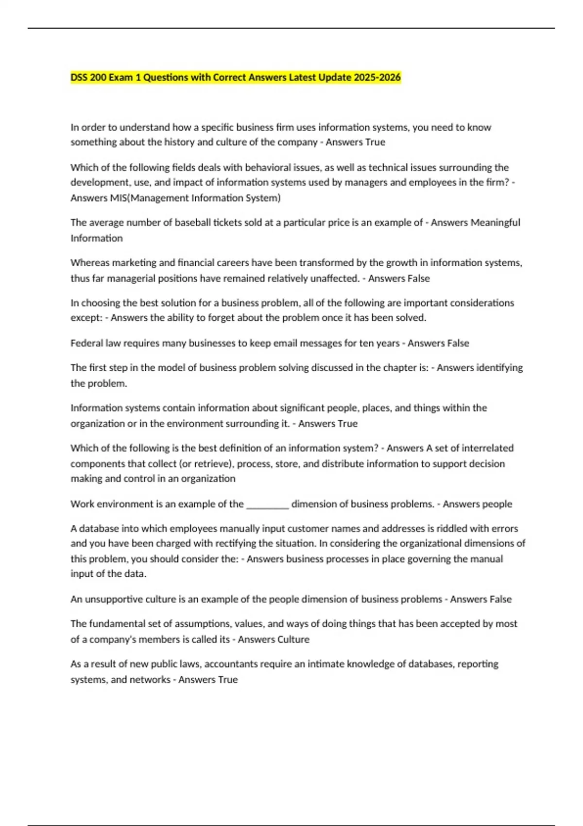 DSS 200 Exam 1 Questions with Correct Answers Latest Update - DSS 200 ...